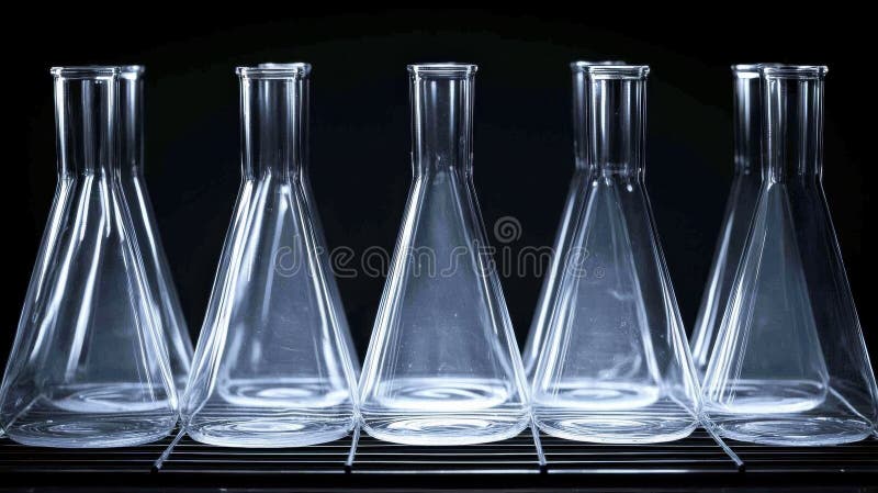 A Row of Five Clear Glass Beakers with Slightly Different Shapes and ...