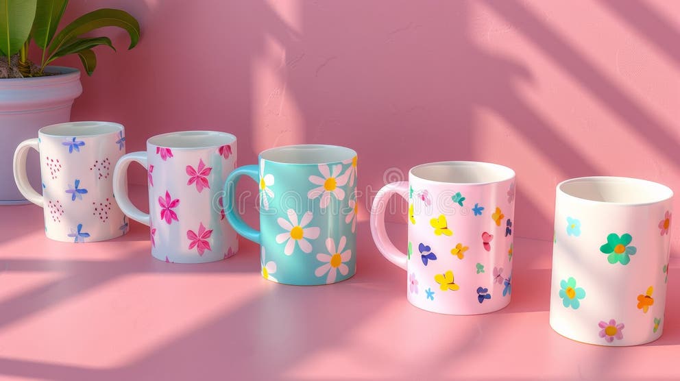A Row of Five Coffee Mugs with Different Designs on Them, AI Stock ...