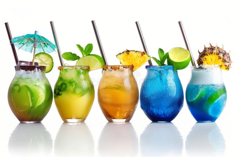 A Row of Five Different Colored Cocktails in Tall Glasses Stock Image ...