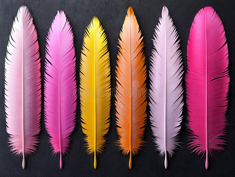 A Row of Five Different Colored Feathers on a Black Surface Stock Photo ...