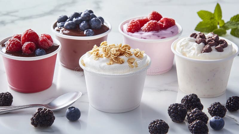 A Row of Five Different Colored Plastic Cups with Various Toppings ...