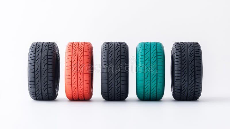 A Row of Five Different Colored Tires Stock Photo - Image of pattern ...