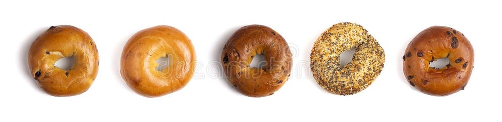 A Row of Five Different Types of Bagels Isolated on a White Background ...