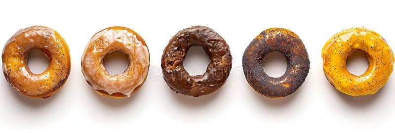 A Row of Five Doughnuts in Various Colors and Types, Set Against a ...