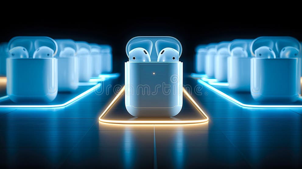 Row of Five Earbuds are Lit Up in a Blue Color Stock Photo - Image of ...