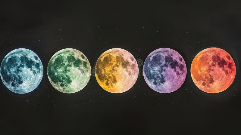 Row of Five Full Moons in Different Colors Against Black Starry Sky ...