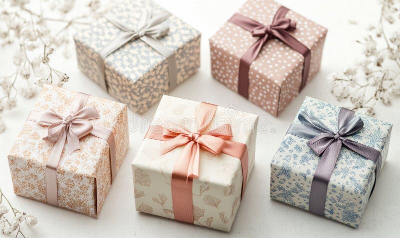A Row of Five Gift Boxes with Bows on Them Stock Photo - Image of party ...