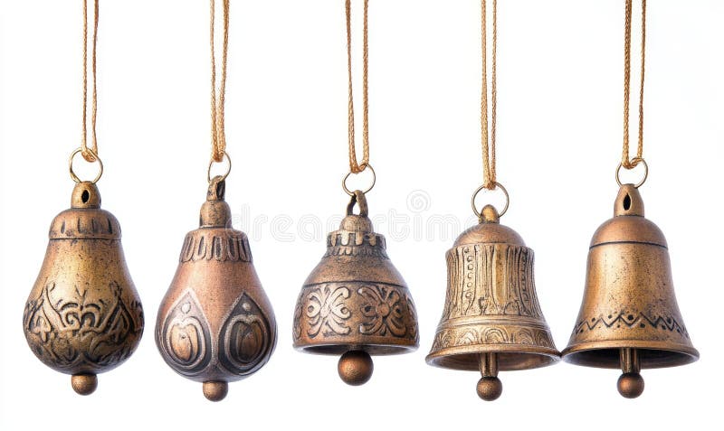 A Row of Five Golden Bells Hanging from a String Stock Image - Image of ...
