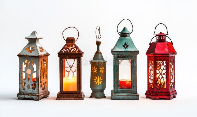 A Row of Five Lanterns with Different Colors and Designs Stock Photo ...