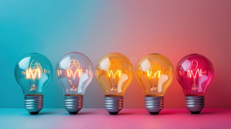 A Row of Five Light Bulbs with a Blue Background on the Left and a Red ...