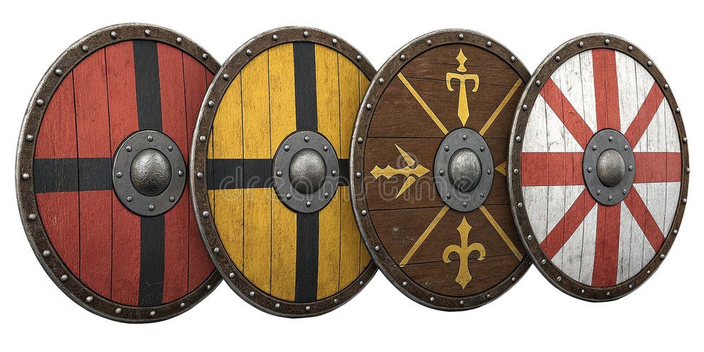 Row of Five Medieval-style Round Shields with Distinct Designs Stock ...
