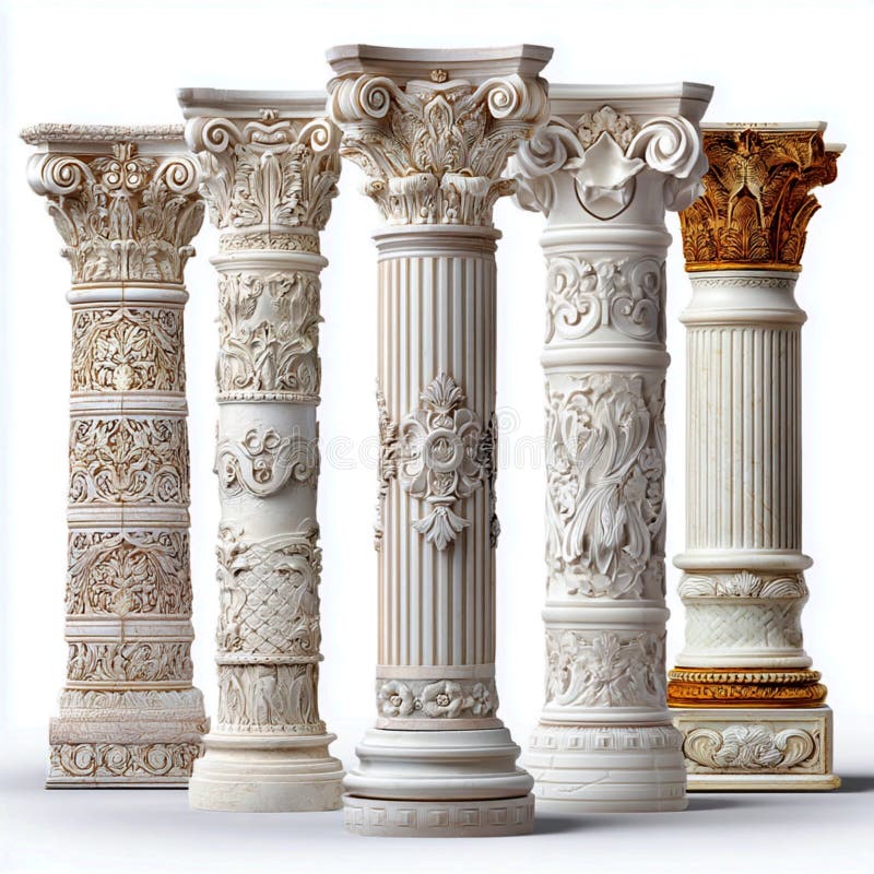 A Row of Five Ornate Classical Columns Against White Backdrop Stock ...