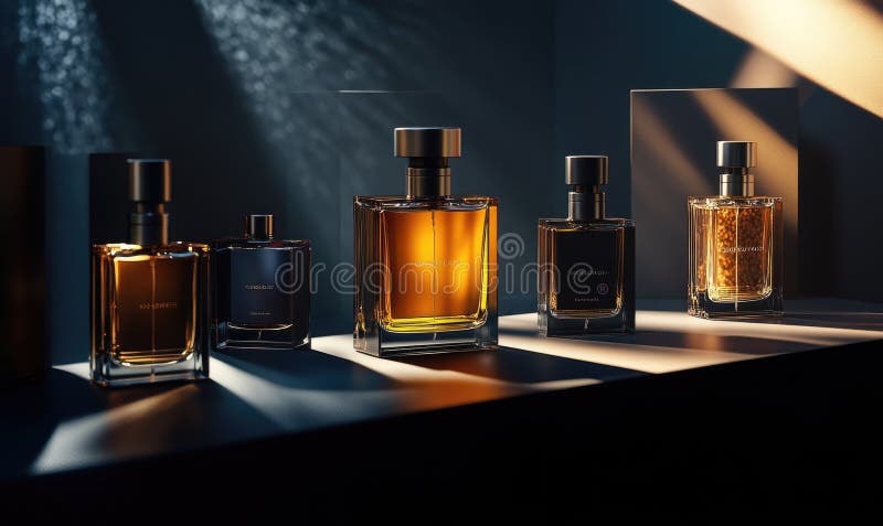 A Row of Five Perfume Bottles are Lined Up on a Table Stock ...