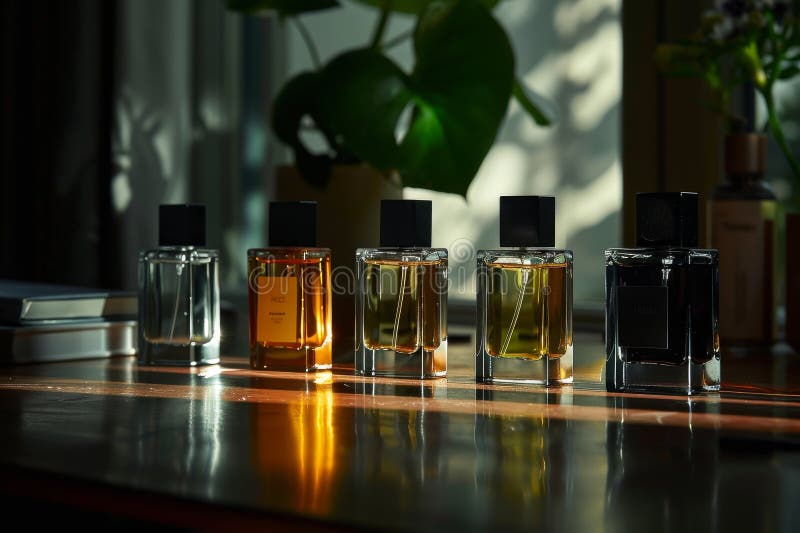 A Row of Five Perfume Bottles are Lined Up on a Table Stock Photo ...