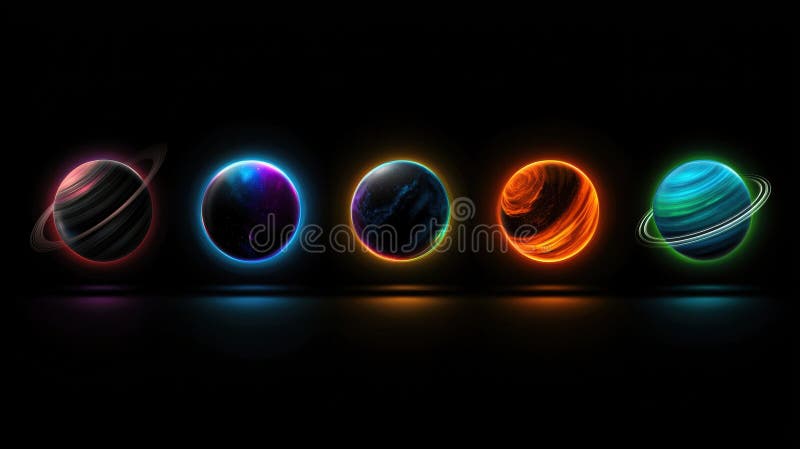 A Row of Five Planets, Each with a Unique Color and Ring System, Set ...