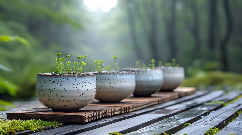 A Row of Five Pots with Plants in Them Sitting on a Table, AI Stock ...