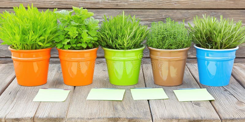 Row of Five Potted Plants with Different Colored Pots and Green Leaves ...