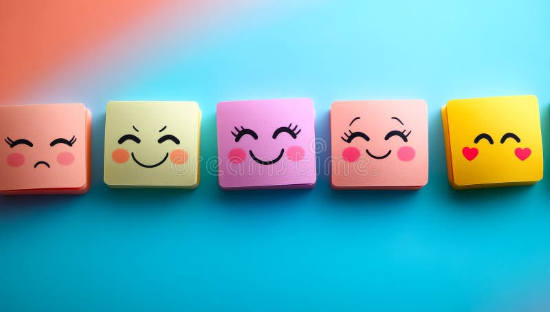 A Row of Five Smiling Faces with Hearts on Them Stock Photo - Image of ...
