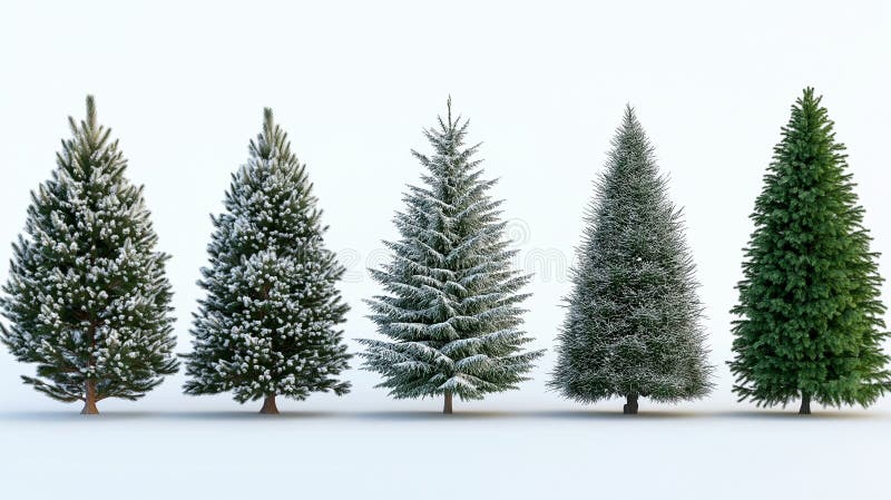 Row of Five Snow-covered Evergreen Trees in a Snowy Landscape Stock ...