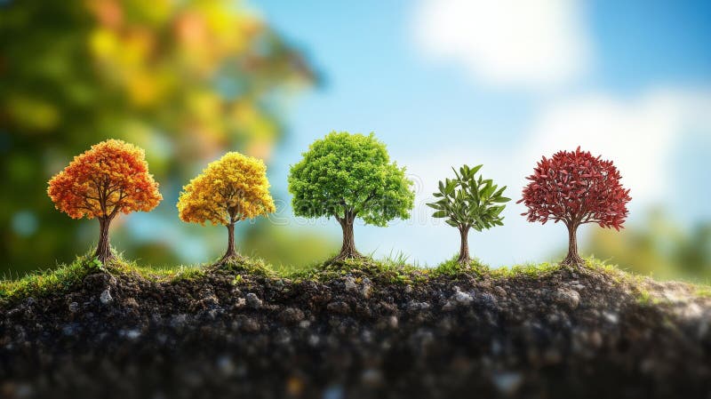 A Row of Five Trees in Different Seasonal Colors on a Grassy Surface ...