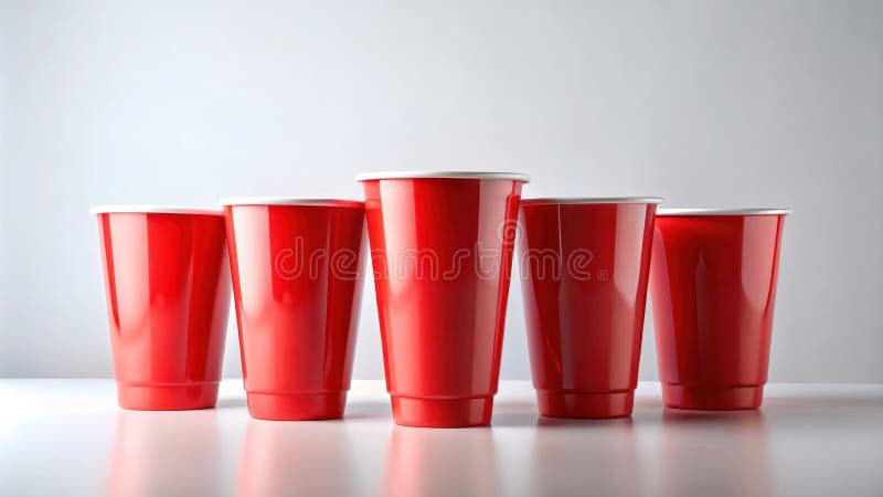 A Row of Five Vibrant Red Plastic Cups on a Reflective Surface ...