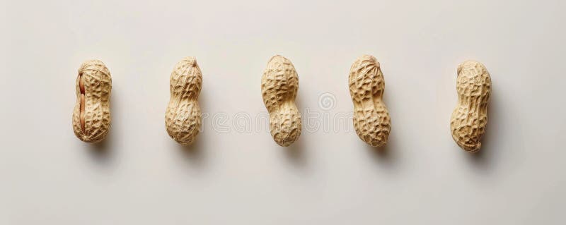 Row of Five Whole Peanuts in Shell on White Background, Minimalistic ...