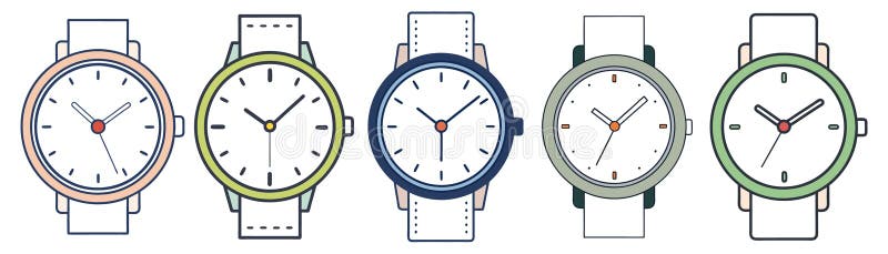 A Row of Five Wristwatches with Different Colored Straps and Dials ...