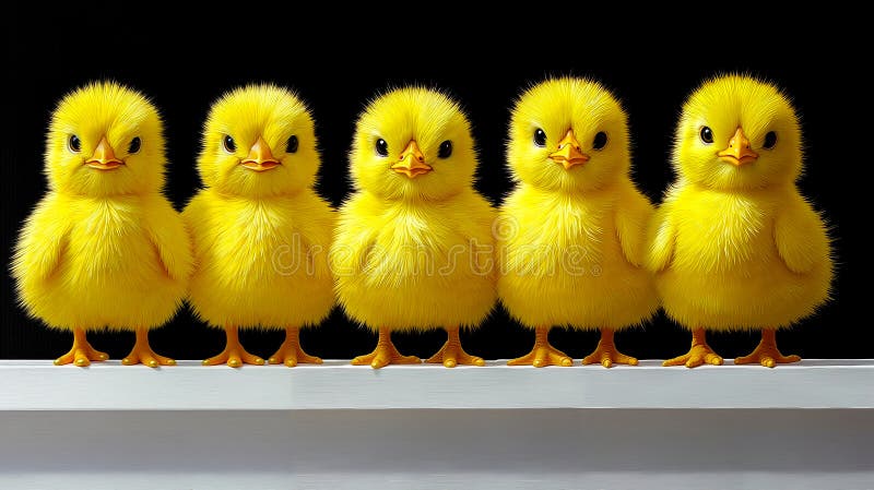 A Group of Five Yellow Chicks Standing in a Row on a Shelf Stock Photo ...