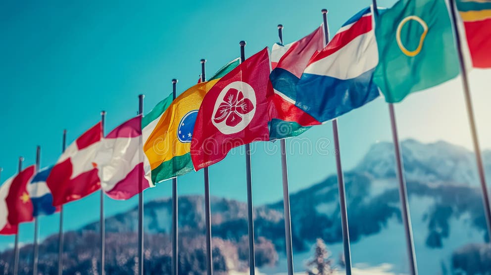 Row of Flags from Different Countries are Hanging on Poles Stock Image ...