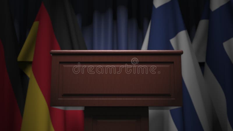 Row of Flags of Finland and Germany and and Speaker Tribune, Conceptual ...