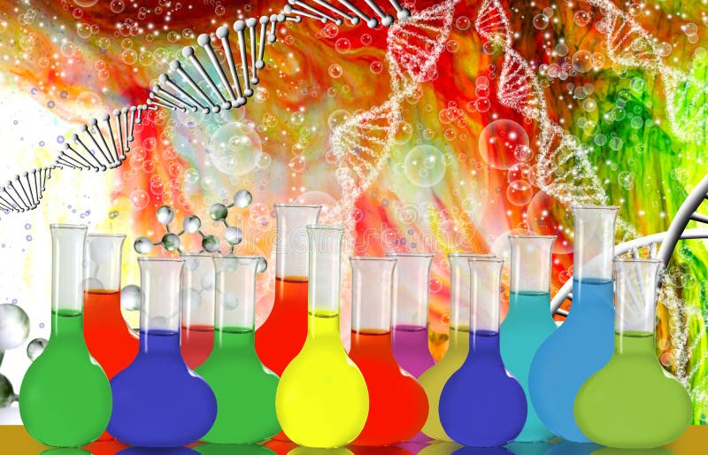 Row of Flasks Filled with Various Contents Painted in Different Colors ...