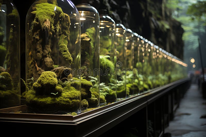 Row of Flasks with a Natural Environment Inside, Artificial Closed ...