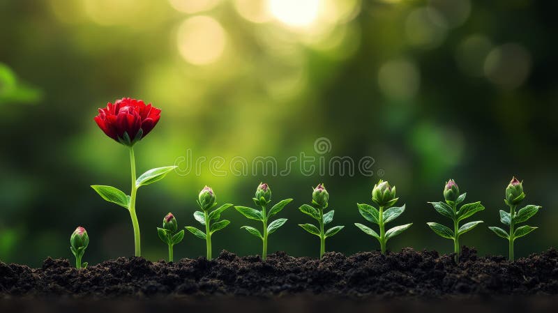 A Row of Flower Plants in Different Growth Stages. Stock Image - Image ...