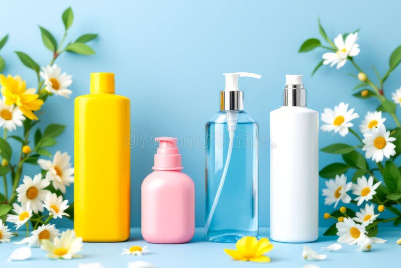 Row of Four Bottles of Different Colors and Sizes Stock Photo - Image ...