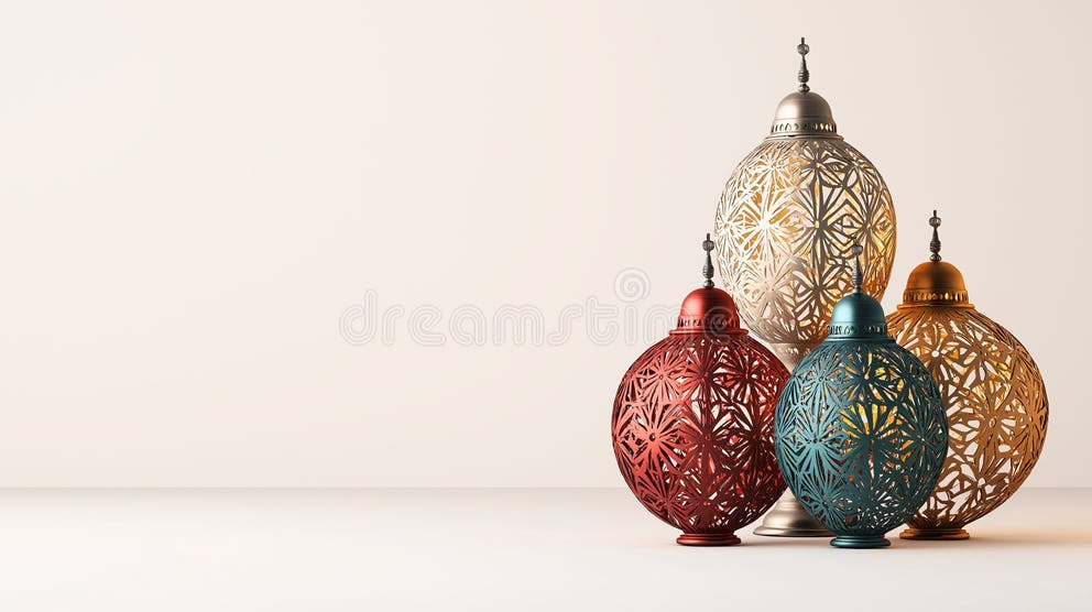 A Row of Four Colourful Lanterns Sit on a White Background Stock ...