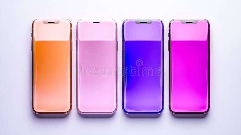 A Row of Four Different Colored Phones Sitting Next To Each Other Stock ...