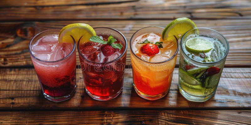 Row of Four Different Types of Drinks. Great for Beverage Industry ...