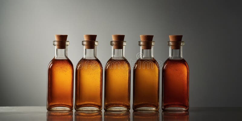A Row of Four Glass Bottles with Amber Colored Liquid Inside. Stock ...