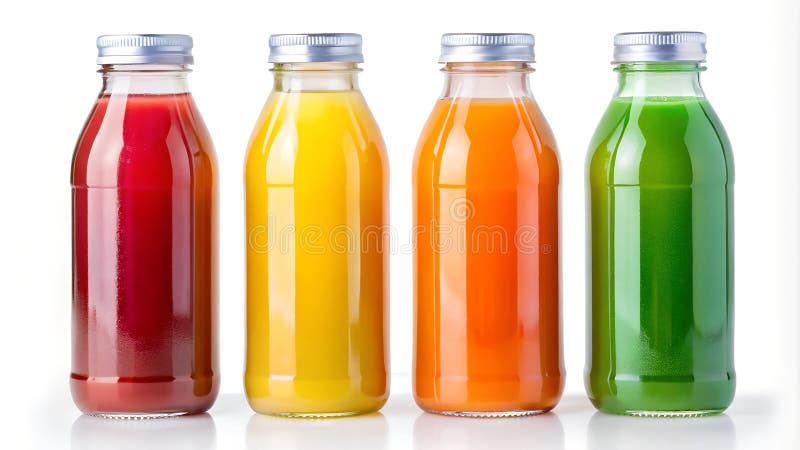Row of Four Glass Bottles of Various Fruit Juices Stock Image - Image ...