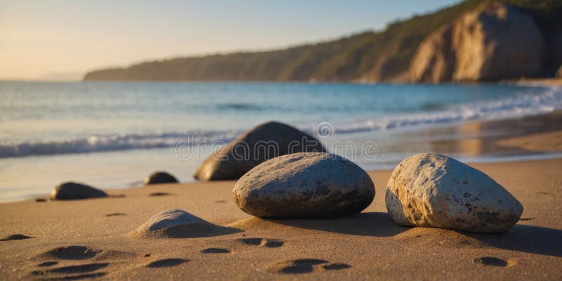 A Row of Four Large Rocks are Sitting on a Sandy Beach. Stock ...