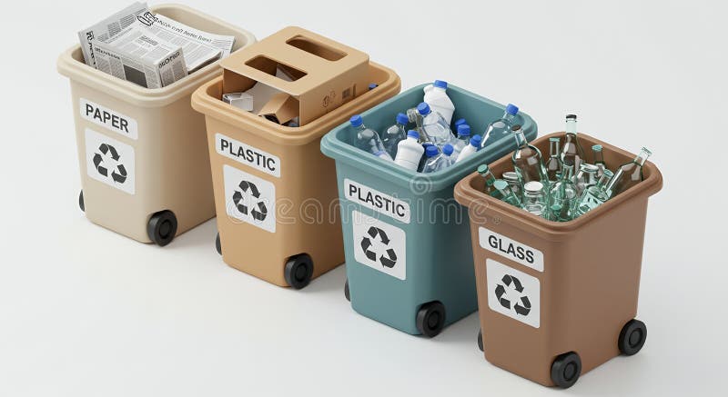 Row of Four Neatly Labeled Recycling Bins for Paper Plastic and Glass ...