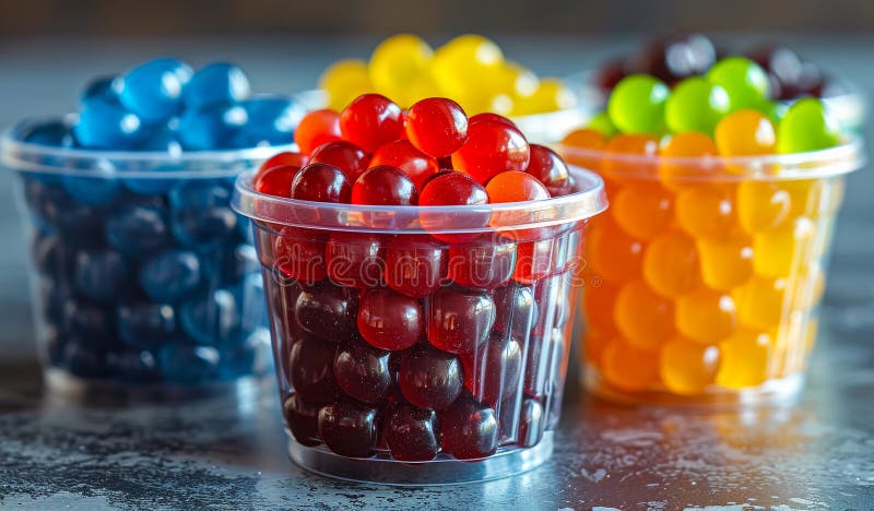 A Row of Four Plastic Cups Filled with Different Colored Jelly Beans ...