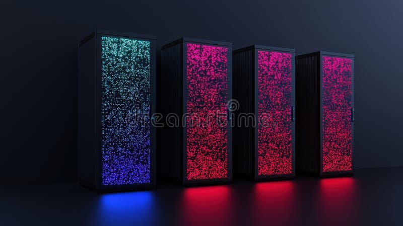 A Row of Four Server Racks with Colorful Lights. Stock Photo - Image of ...
