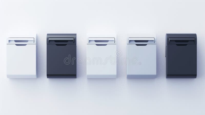 A Row of Four Trash Cans, Two White and Two Black. Suitable for Waste ...
