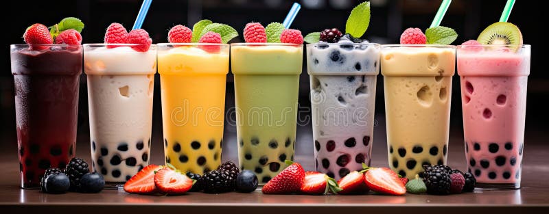 Row of Fresh Bubble Tea and Smoothies Refreshing Drinks Stock Image ...