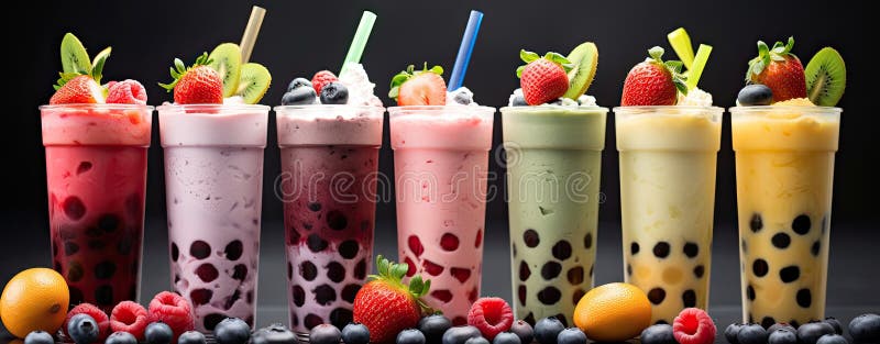 Row of Fresh Bubble Tea and Smoothies Refreshing Drinks Stock Image ...