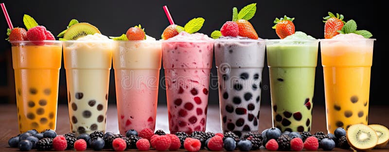 Row of Fresh Bubble Tea and Smoothies Refreshing Drinks Stock Image ...