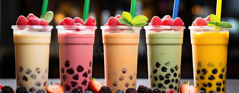 Row of Fresh Bubble Tea and Smoothies Refreshing Drinks Stock Image ...
