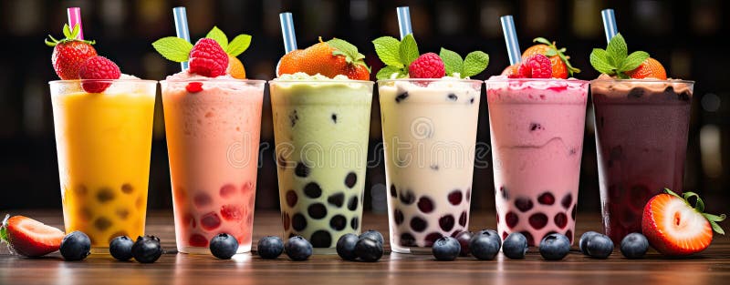 Row of Fresh Bubble Tea and Smoothies Refreshing Drinks Stock Image ...