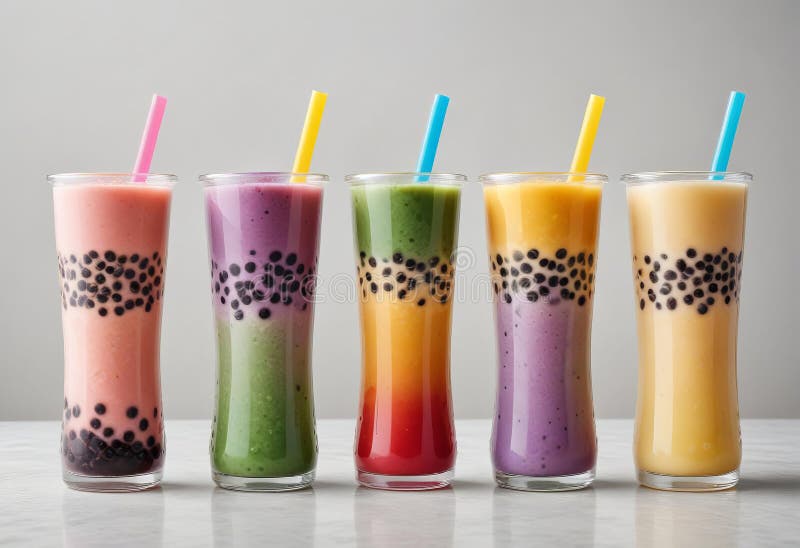 Row of Fresh Bubble Tea and Smoothies Refreshing Drinks in Tall Glasses ...